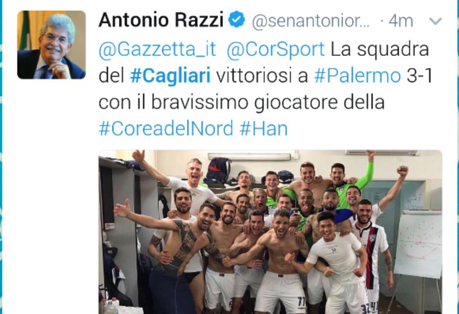 Il senatore Razzi si scopre tifoso rossoblù:il suo tweet (sbagliato ...